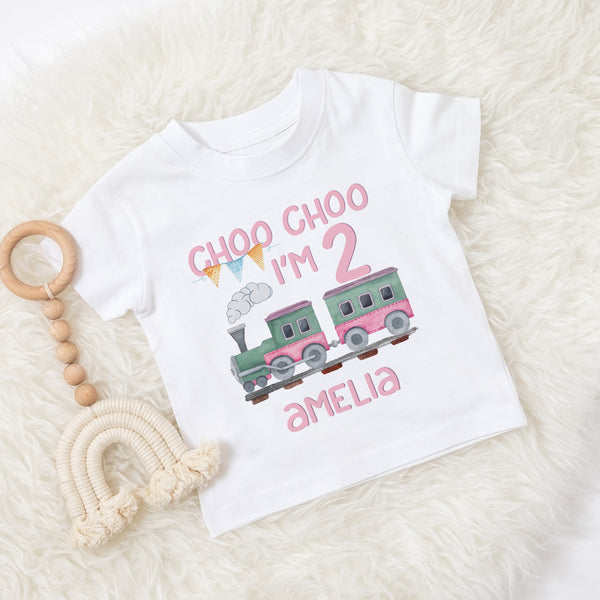 Choo Choo I'm two girls personalised train second birthday Tshirt pink ...