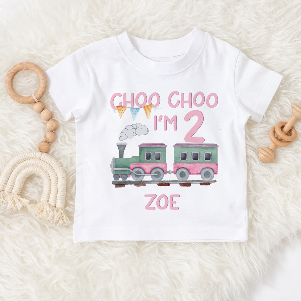 Choo Choo I'm two girls personalised train second birthday Tshirt pink ...